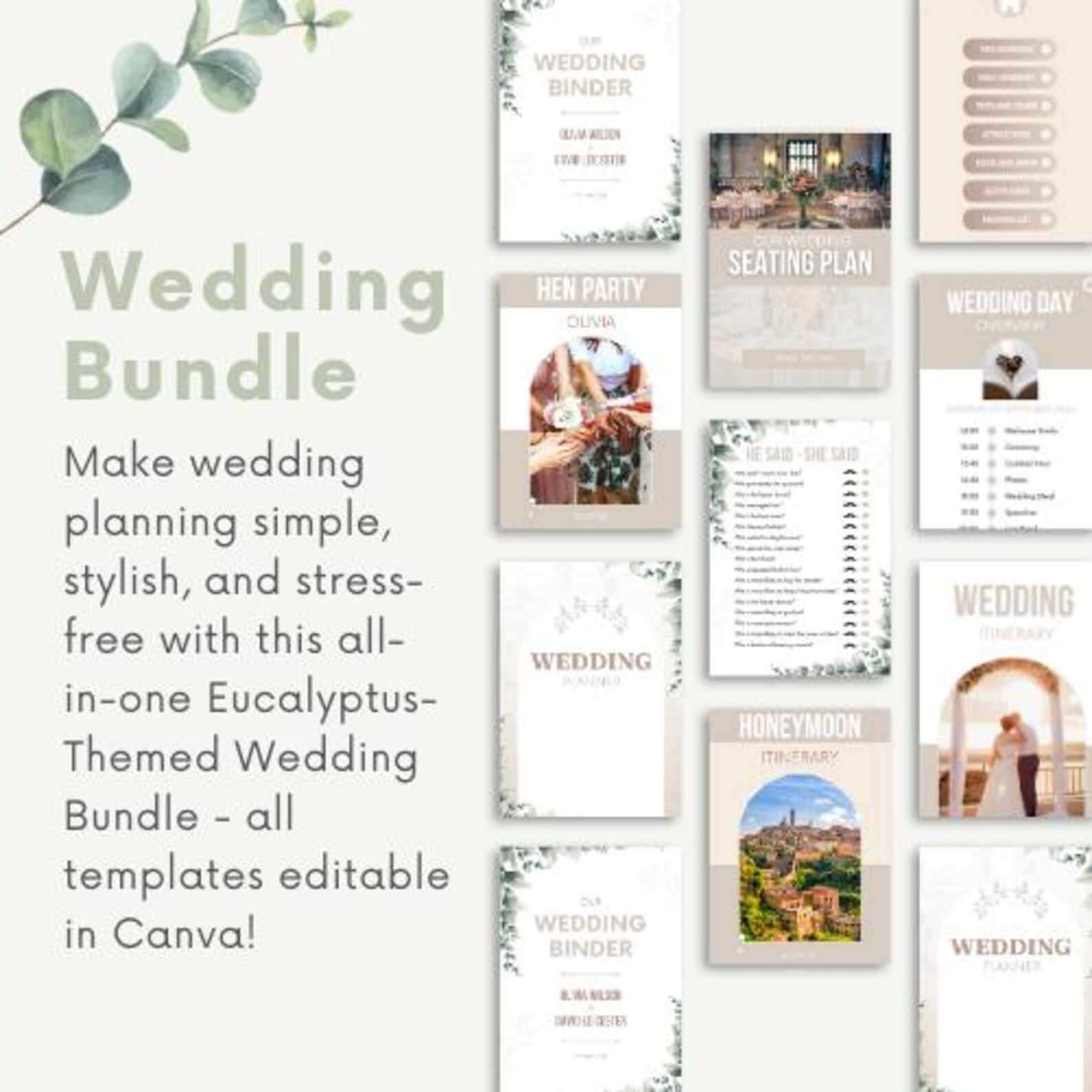 Eucalyptus Wedding Planner Bundle, Editable Canva Templates, Digital ...
