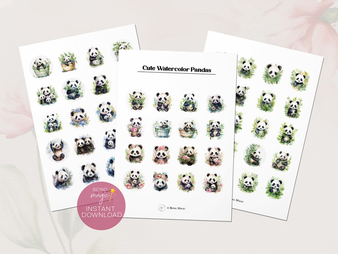 Cute Panda Bears Watercolour Stickers Bundle | PNG Bundle | Digital ...