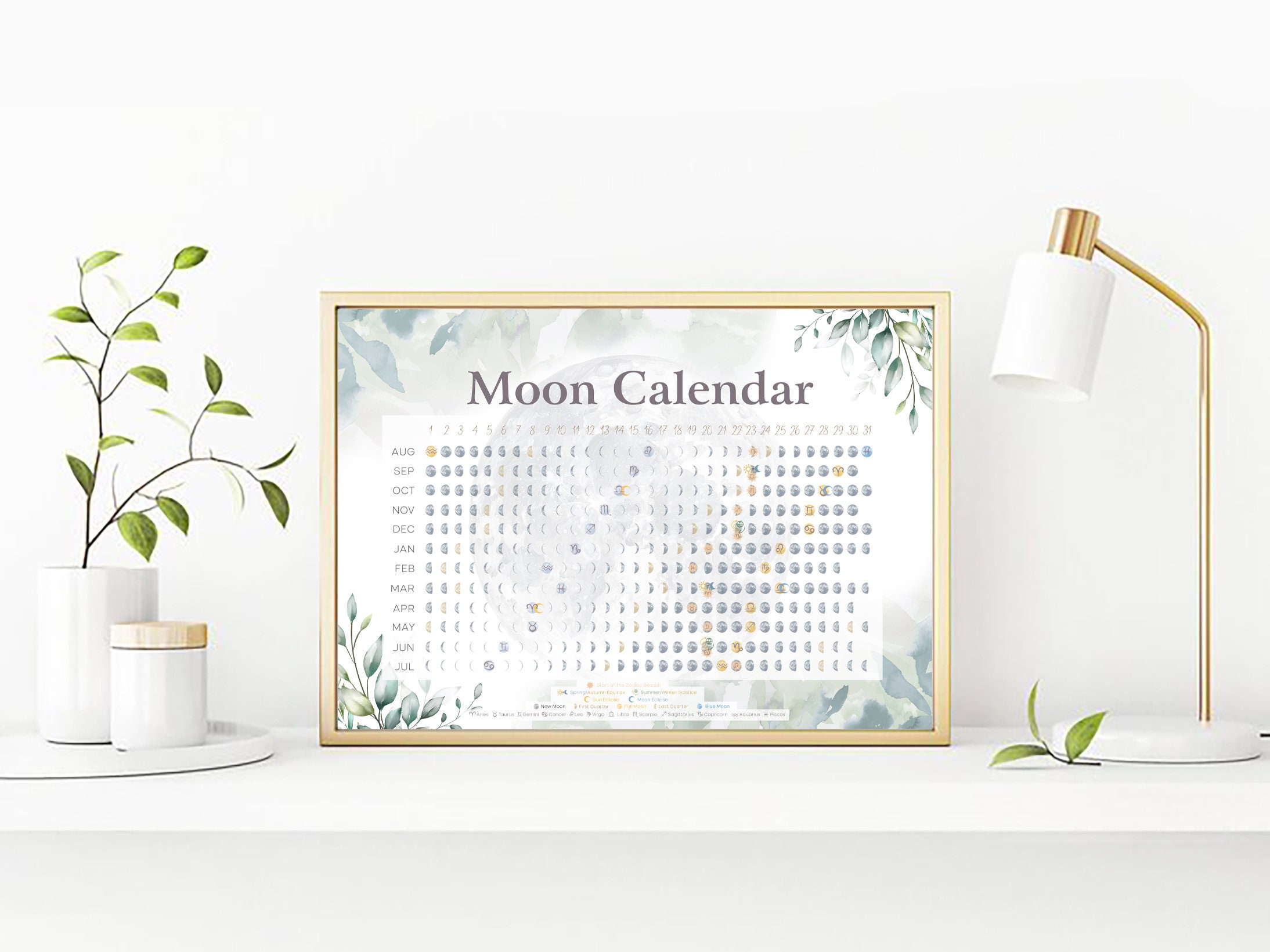 Celestial Harmony Moon Calendar 2024 Lunar Phases, Zodiac Signs ...