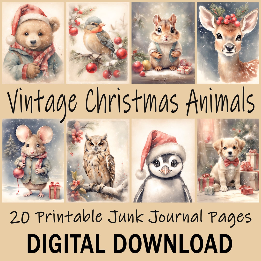 Christmas Animals Printable Junk Journal Pages, Vintage Watercolor ...