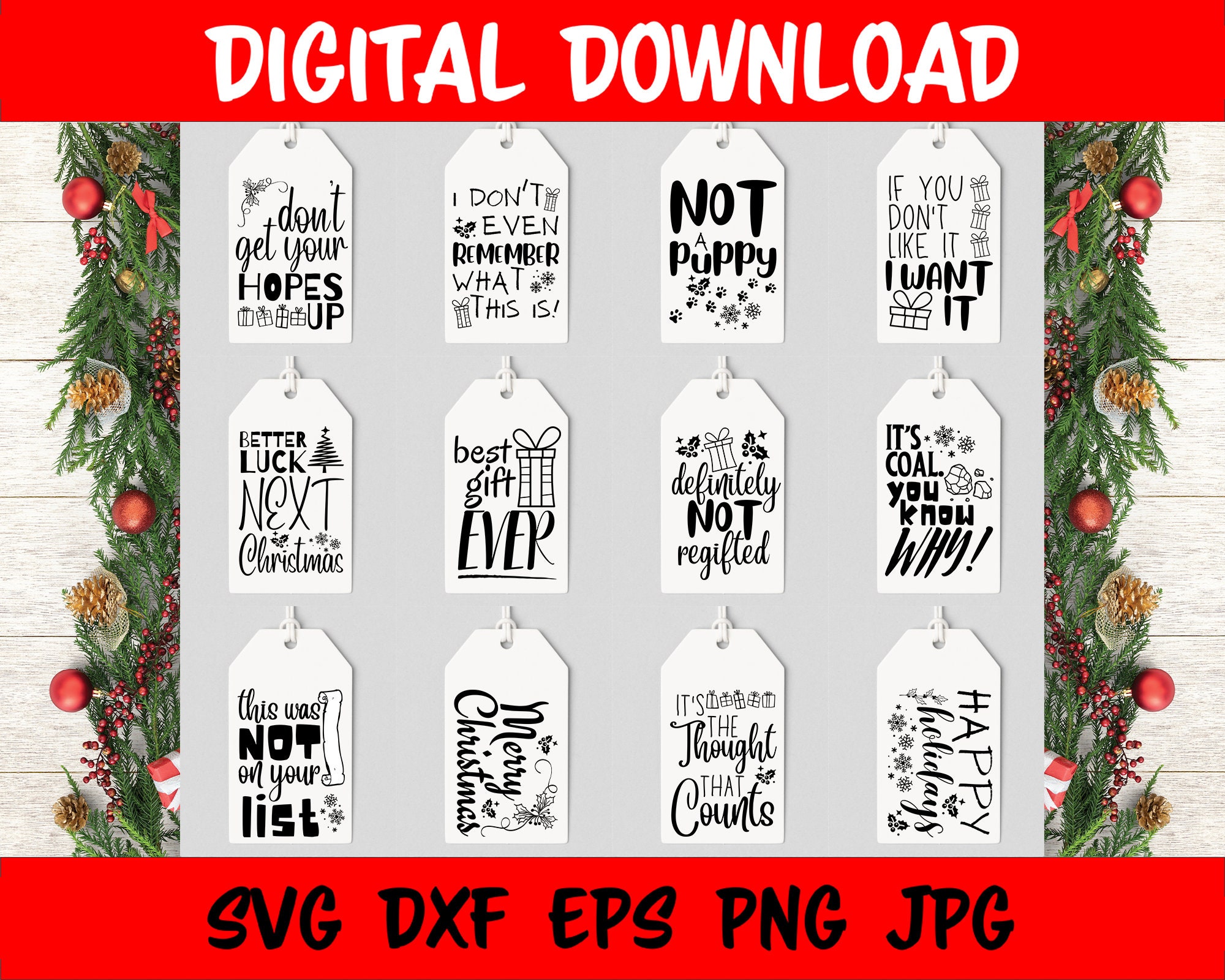 12 Christmas Gift Tag SVG Bundle, Printable Funny Holiday Quotes Labels ...