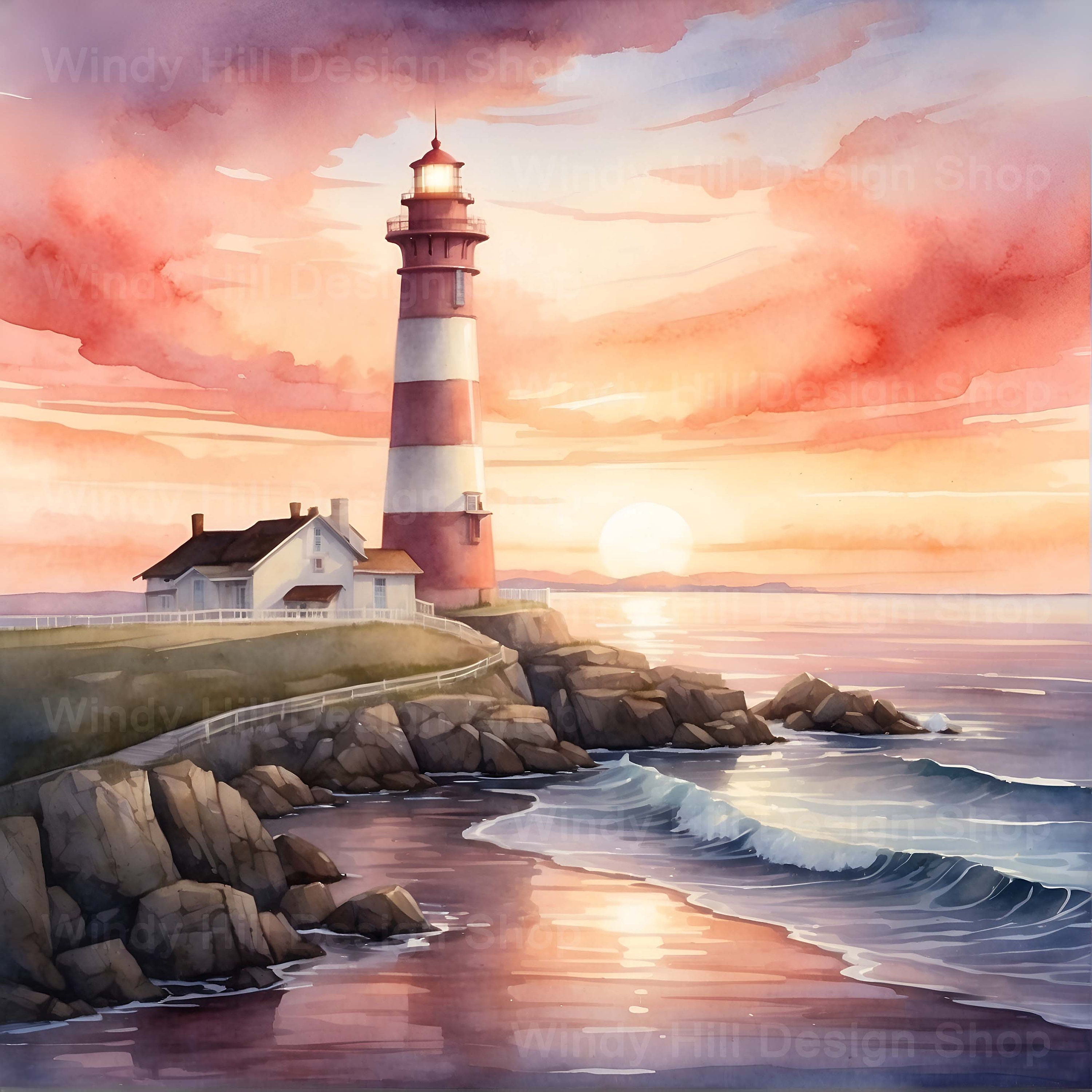 Lighthouses at Sunset, 10 JPEG Bundle, Digital Scrapbook Junk Journal Paper, Clipart Scenes ...