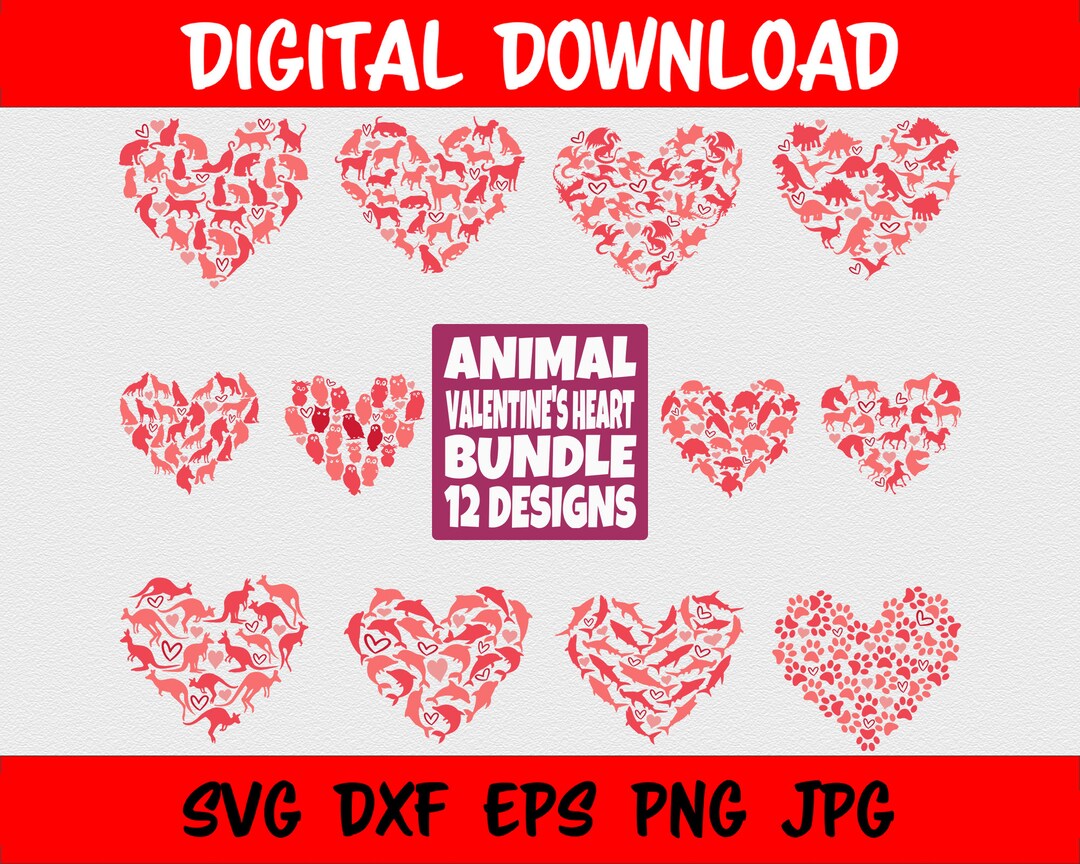 12 Animal Valentine Heart SVG Bundle Printable Color Designs Dinosaur ...