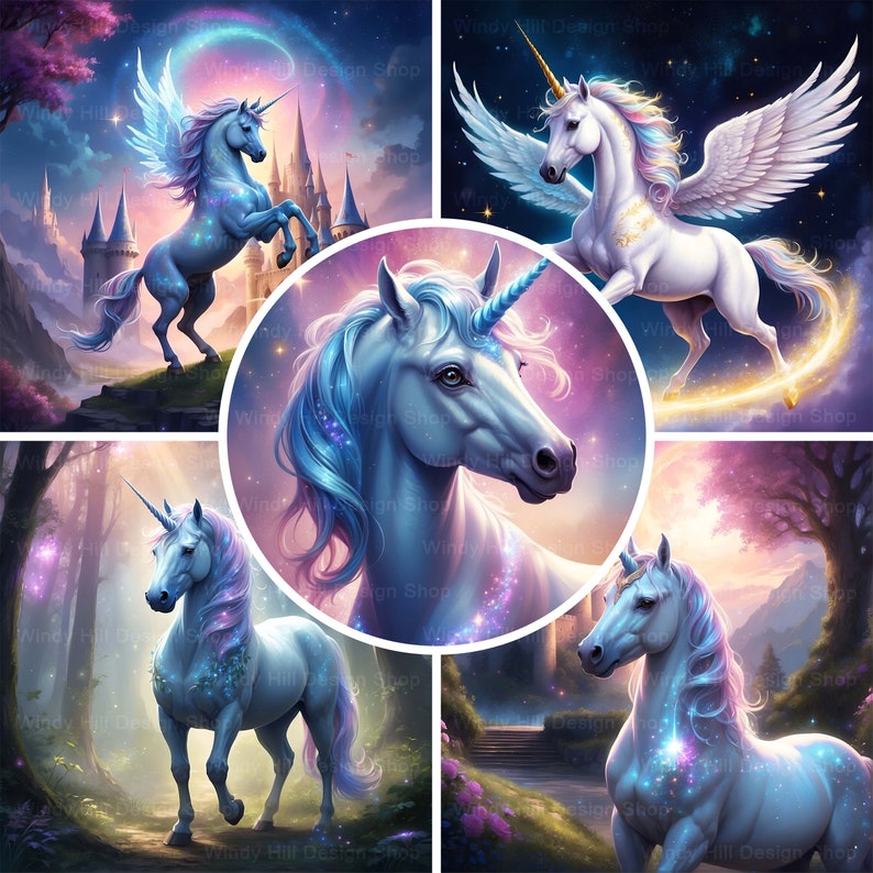Magical Unicorns, 10 JPEG Bundle, Digital Scrapbook Junk Journal Paper ...