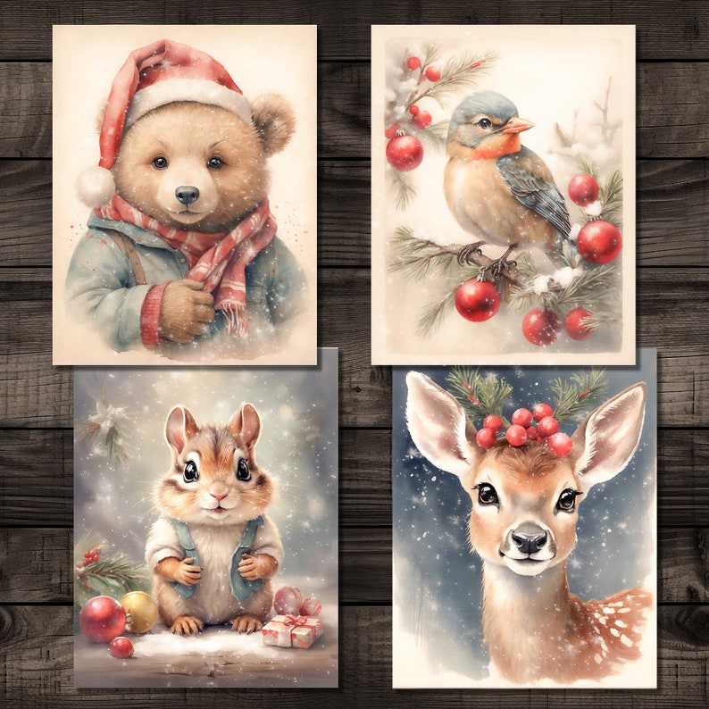 Christmas Animals Printable Junk Journal Pages, Vintage Watercolor ...