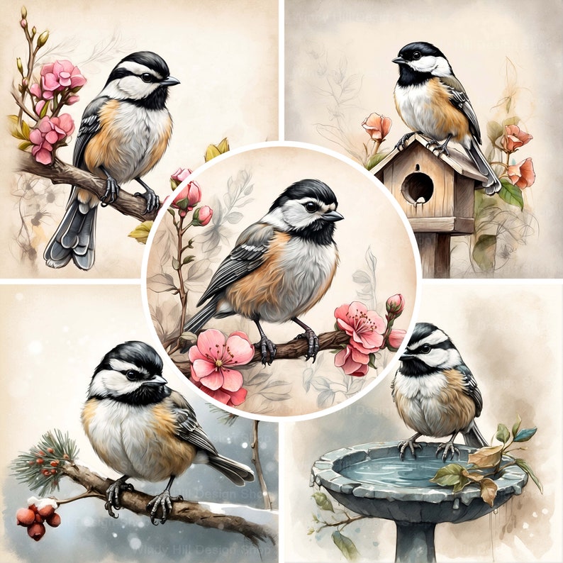 Charming Chickadees, 10 JPEG Bundle, Digital Scrapbook Junk Journal Paper Clipart Scenes, Birds ...