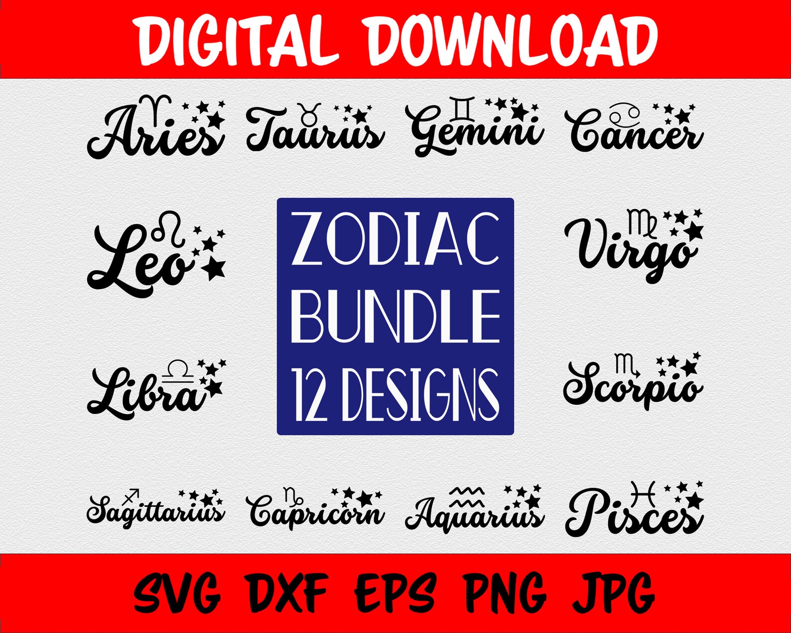 12 Zodiac Signs SVG Bundle, Printable Astrology Symbols, Celestial ...