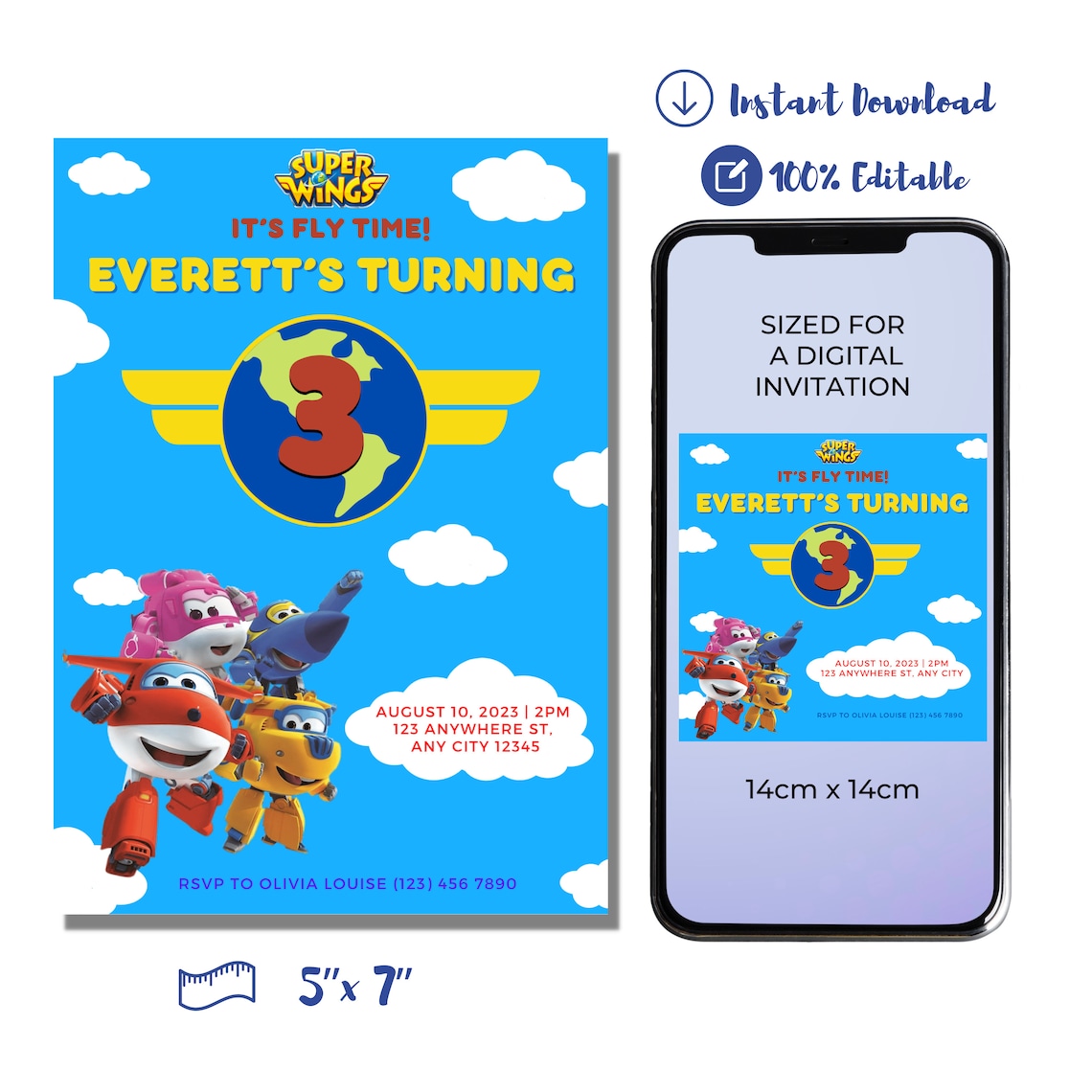 Super Wings Theme Birthday Invitations, Super Wings Party, Printable ...