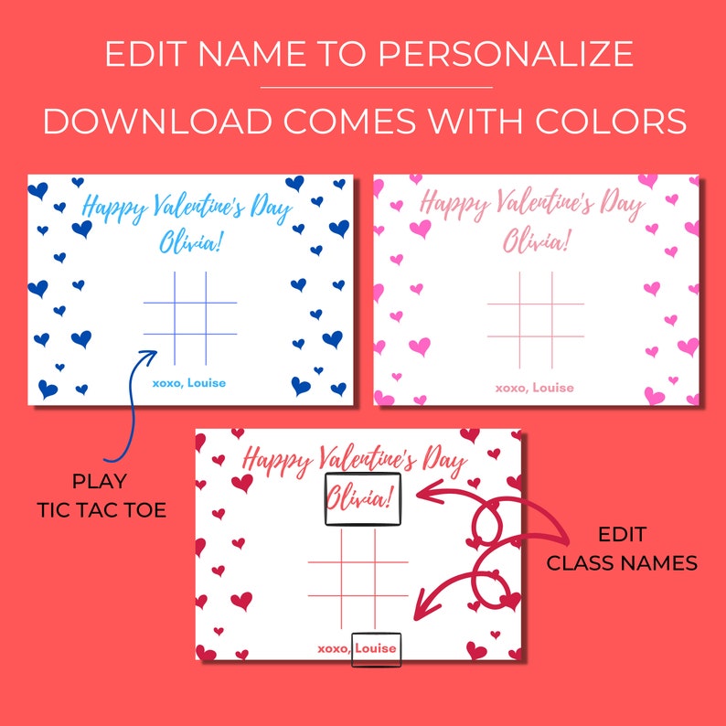 Printable Valentines Day Cards for Class, Tic-tac-toe Cards, Custom ...