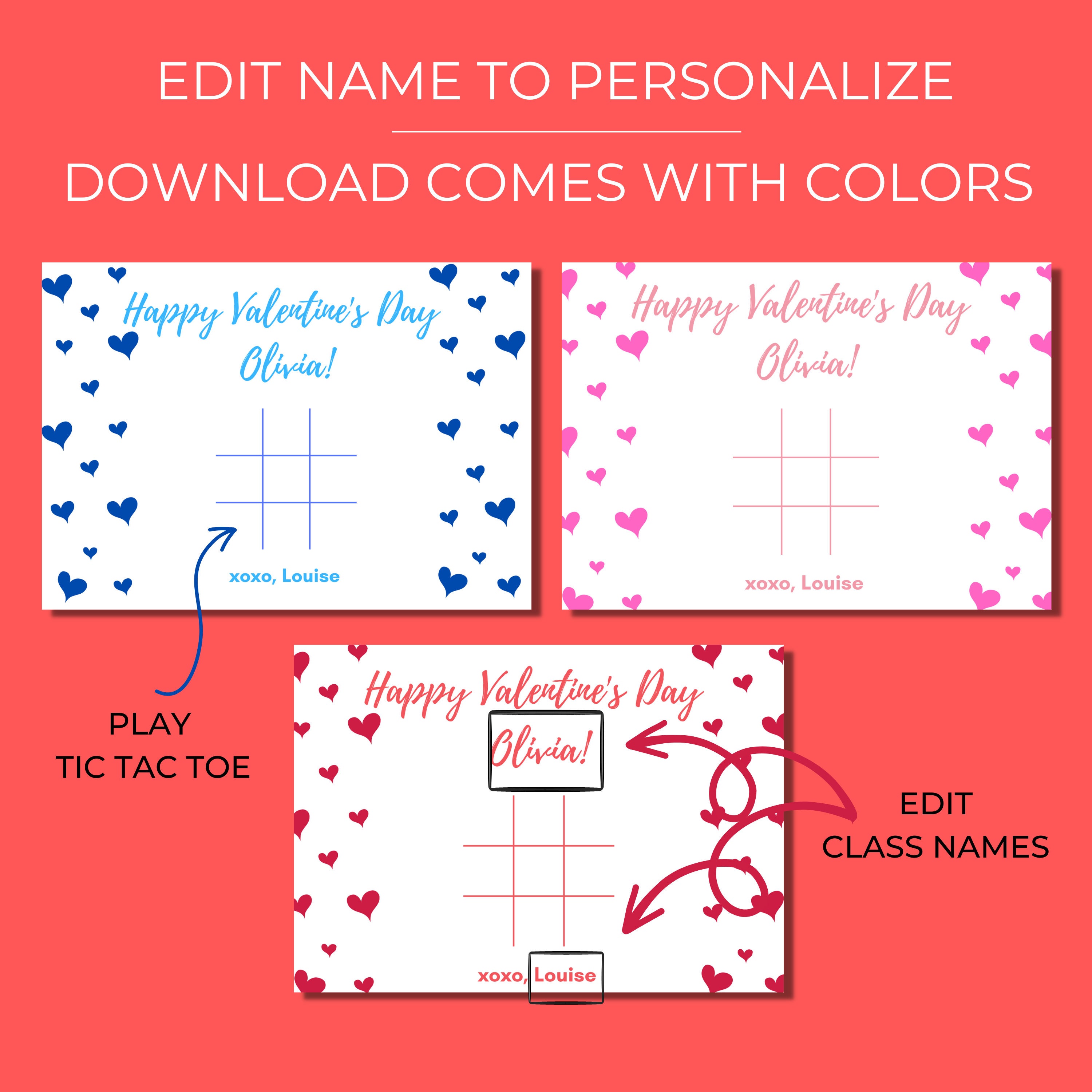 Printable Valentines Day Cards for Class, Tic-tac-toe Cards, Custom ...
