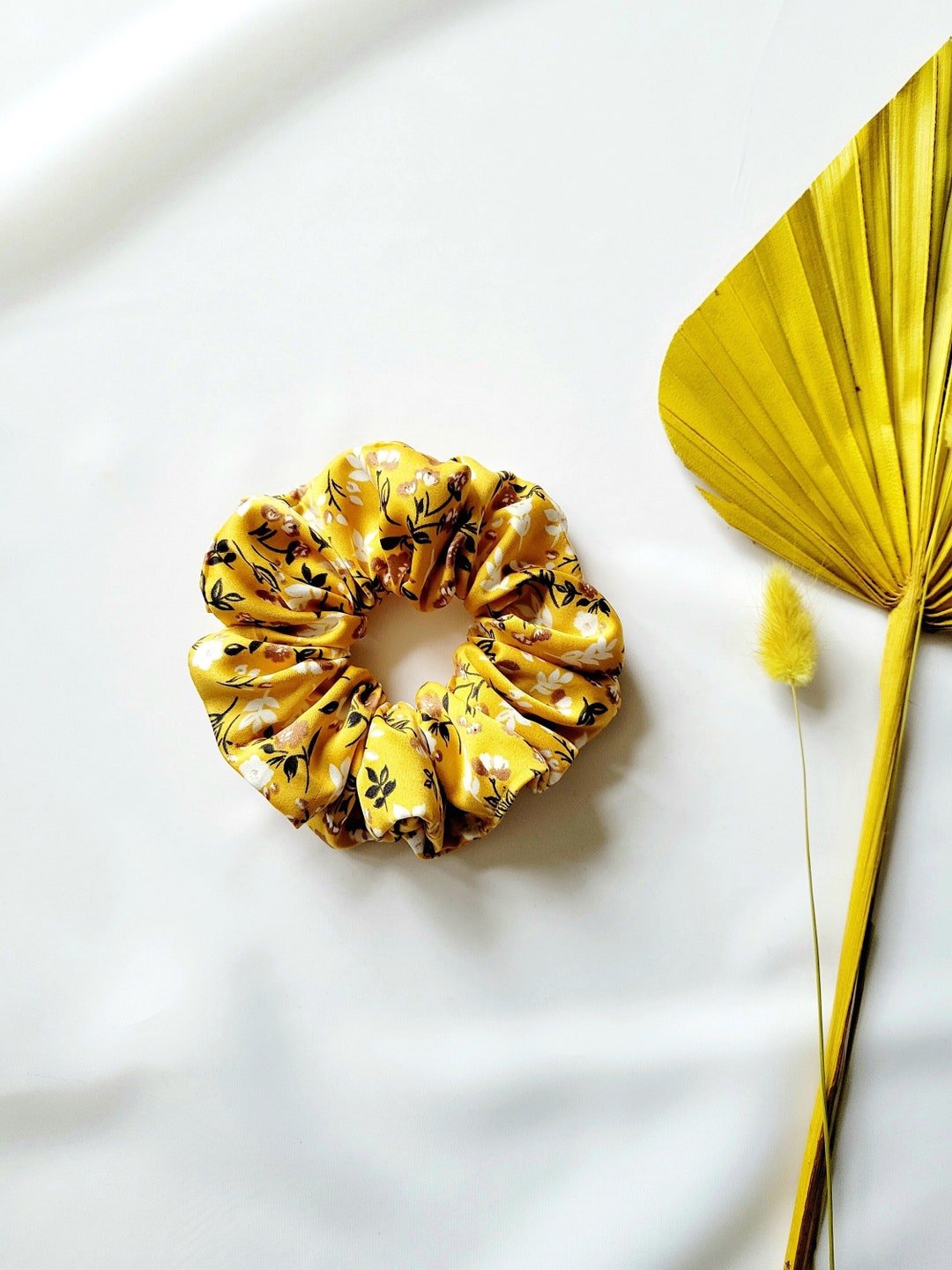 Mustard Floral Satin Scrunchie, Flower Hair Scrunchie, Fall Hair ...