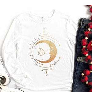 Crystal Moon and Stars Shirt, Celestial Moon Long Sleeve Shirt, Moon ...