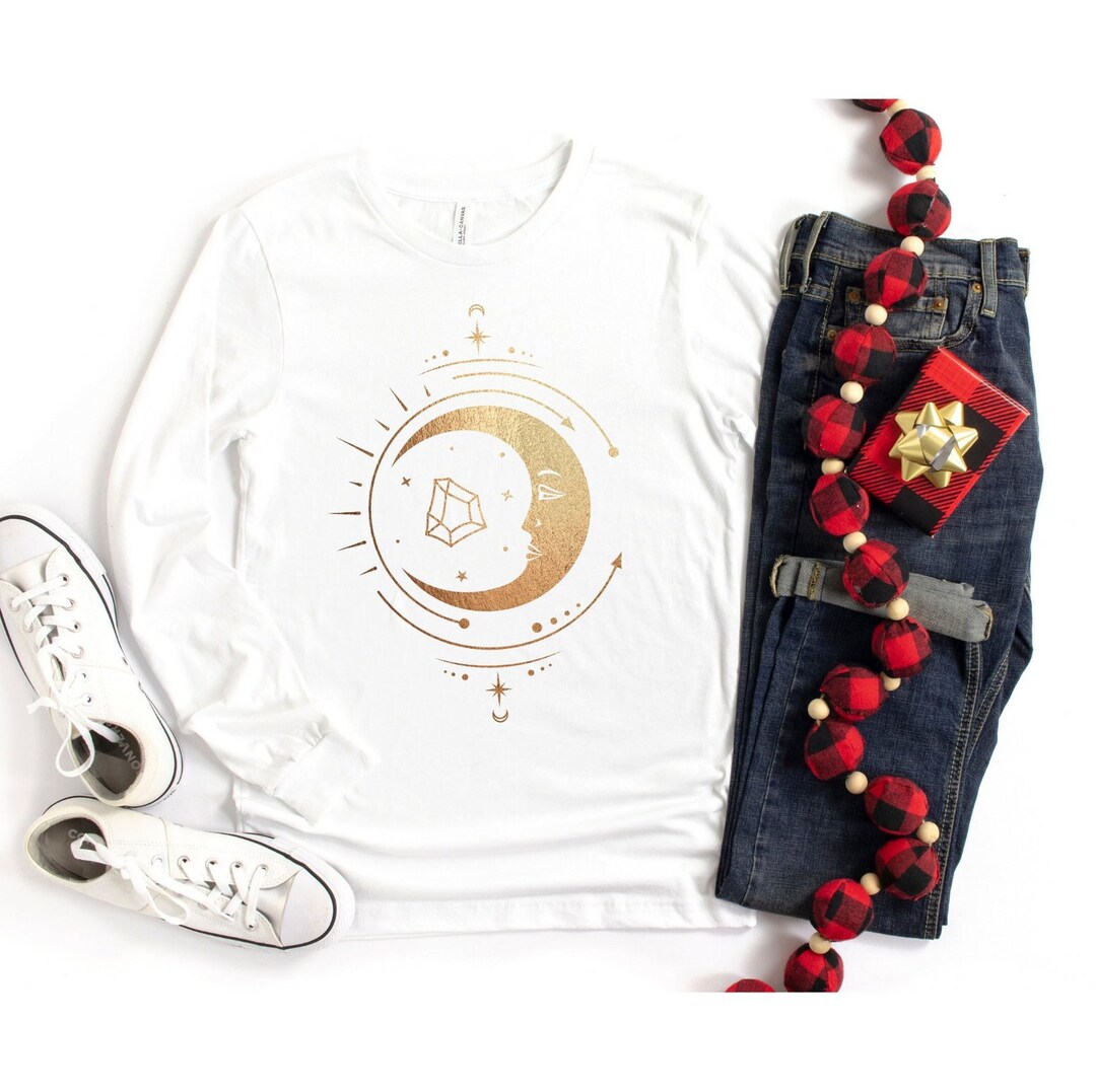 Crystal Moon and Stars Shirt, Celestial Moon Long Sleeve Shirt, Moon ...