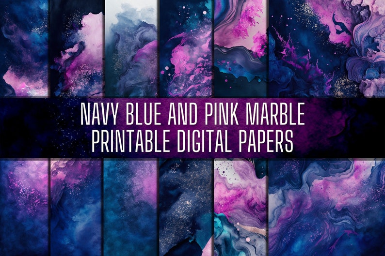 Navy Blue and Pink Marble Digital Paper, Scrapbooking Paper, Printable ...