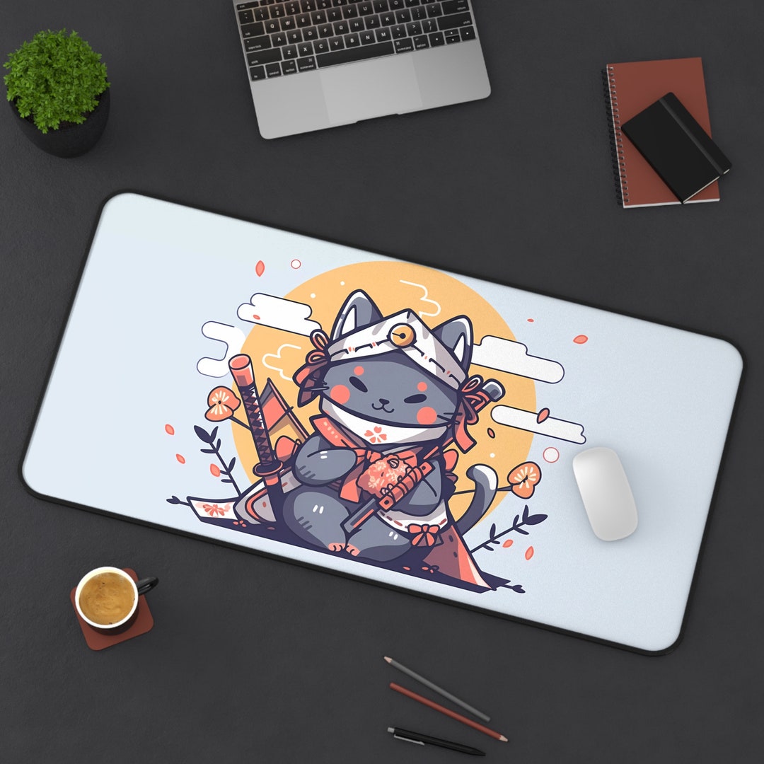 Kawaii Samurai Cat Desk Mat, Cute Gaming Anime Mat, Large Cozy Deskmat ...