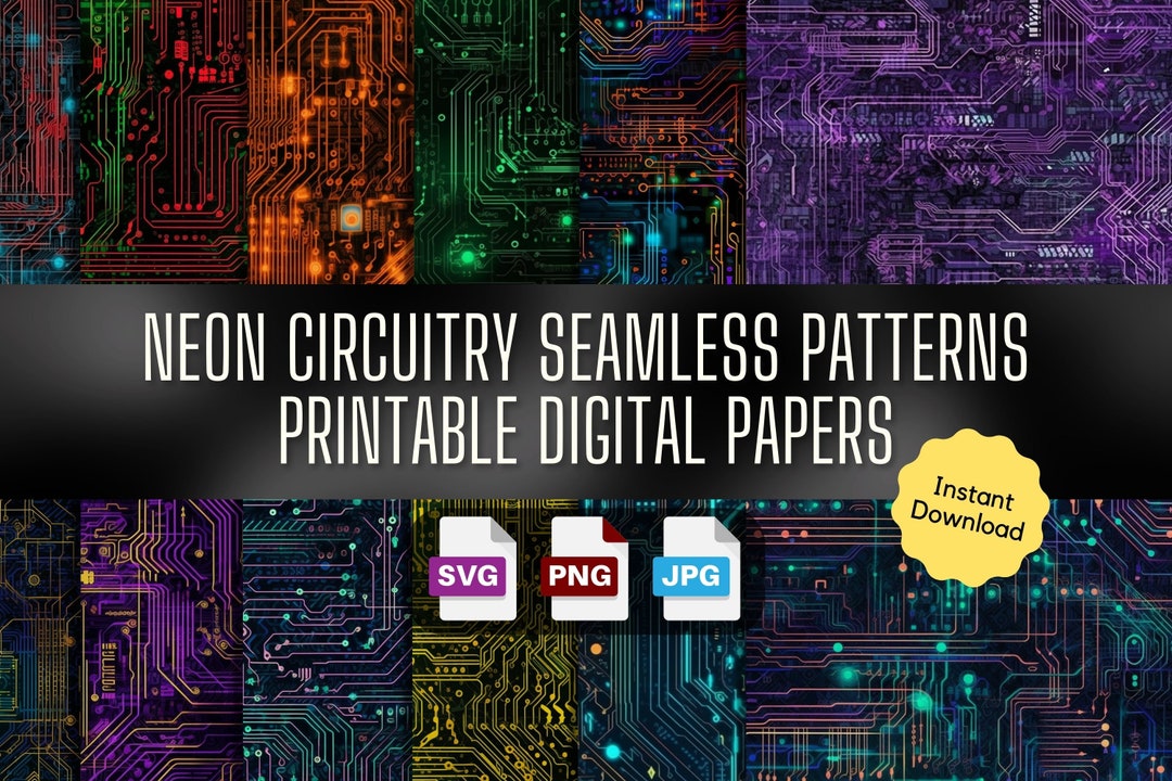 Neon Circuit Cyber Tech Seamless Pattern SVG PNG JPG / Digital ...