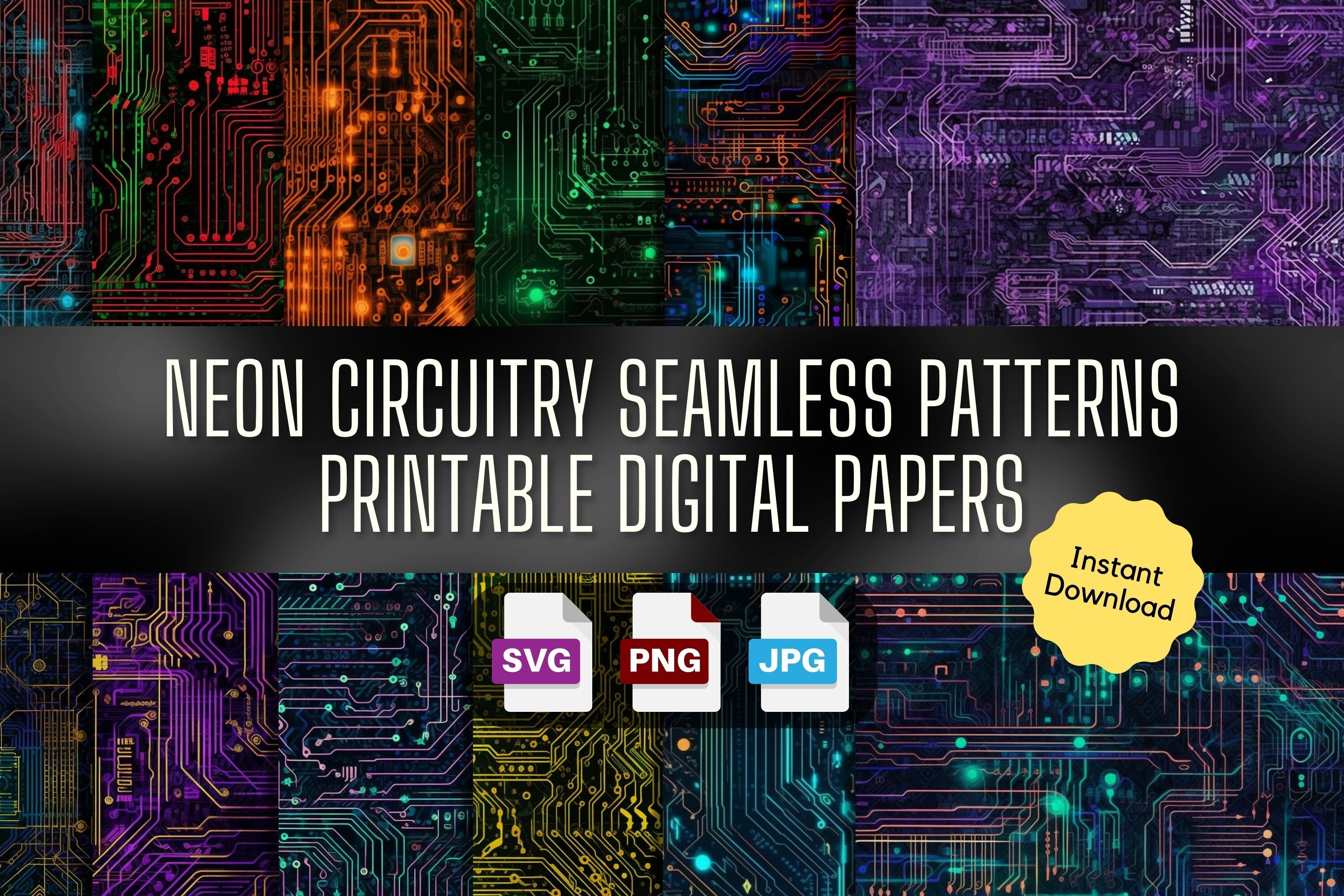 Neon Circuit Cyber Tech Seamless Pattern SVG PNG JPG / Digital - Etsy