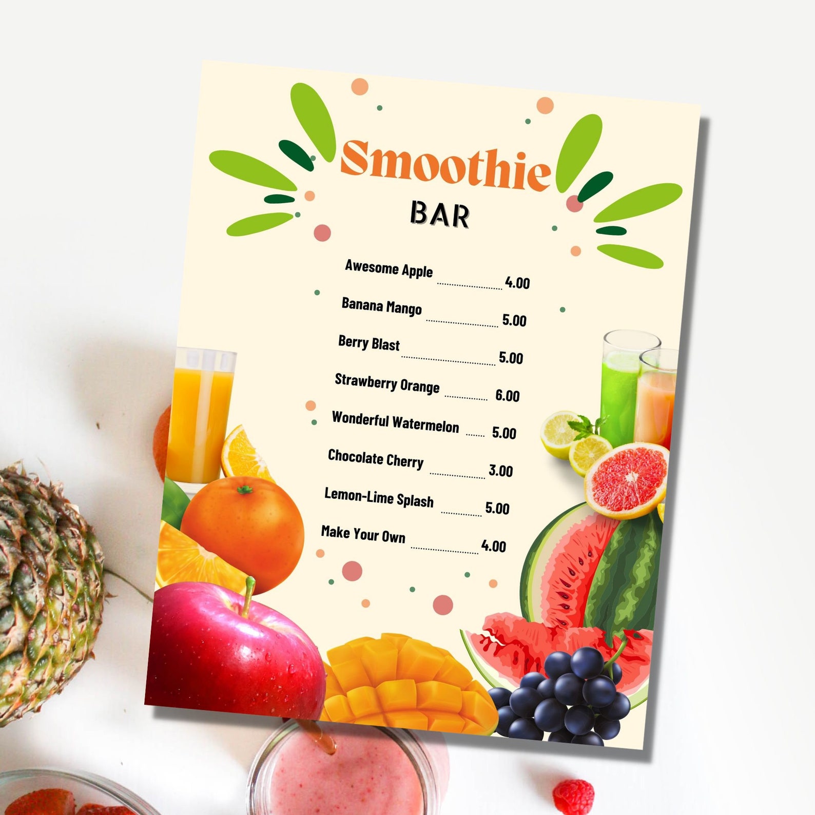 Smoothie Menu Pretend Play Printable - Etsy
