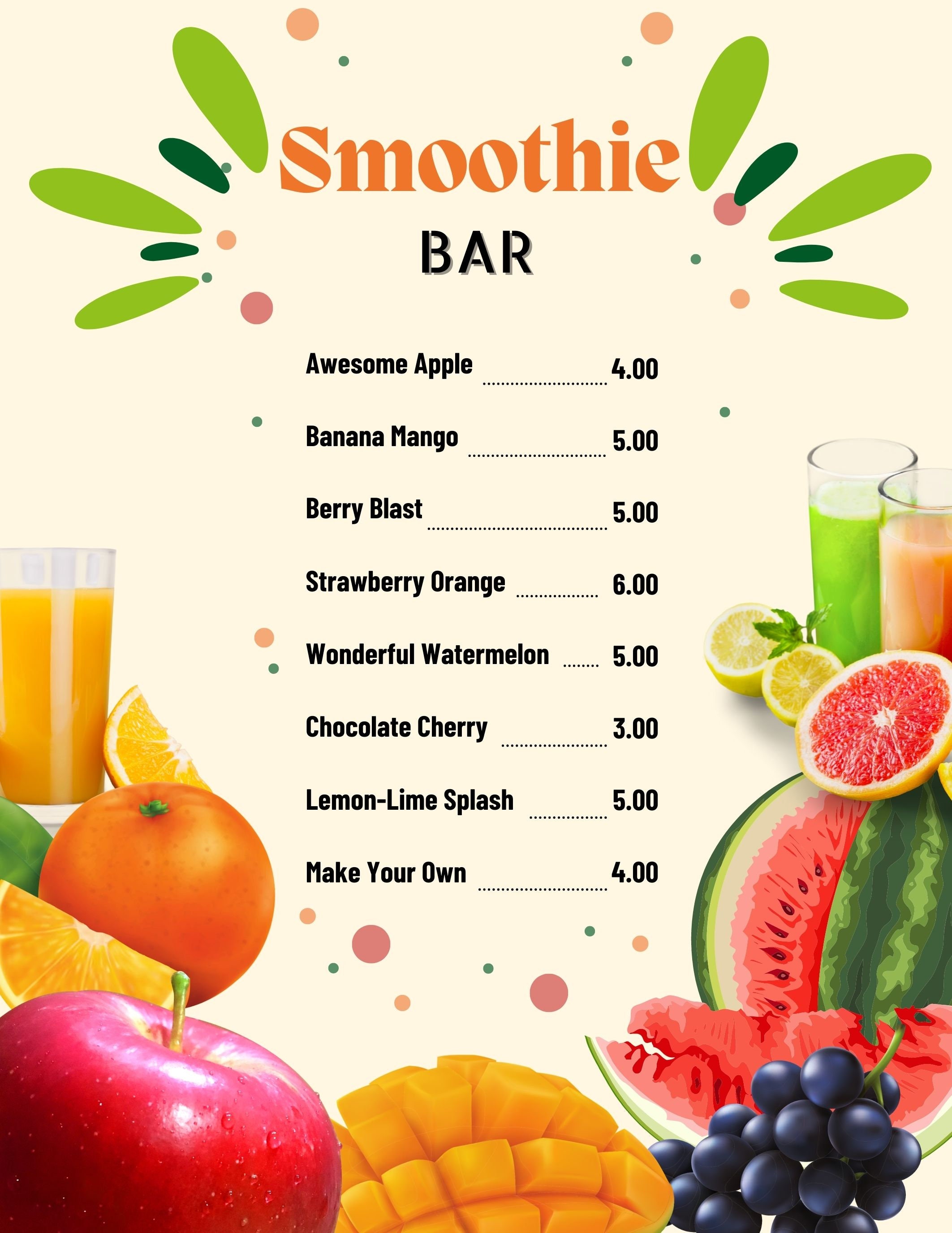 Smoothie Menu Pretend Play Printable - Etsy