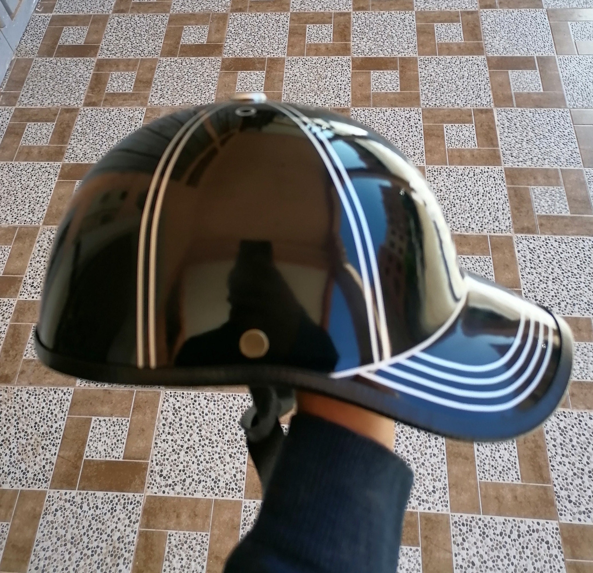 Handmade Fiberglass Motorcycle Cap Helmet: Black & Silver Lid Novelty ...