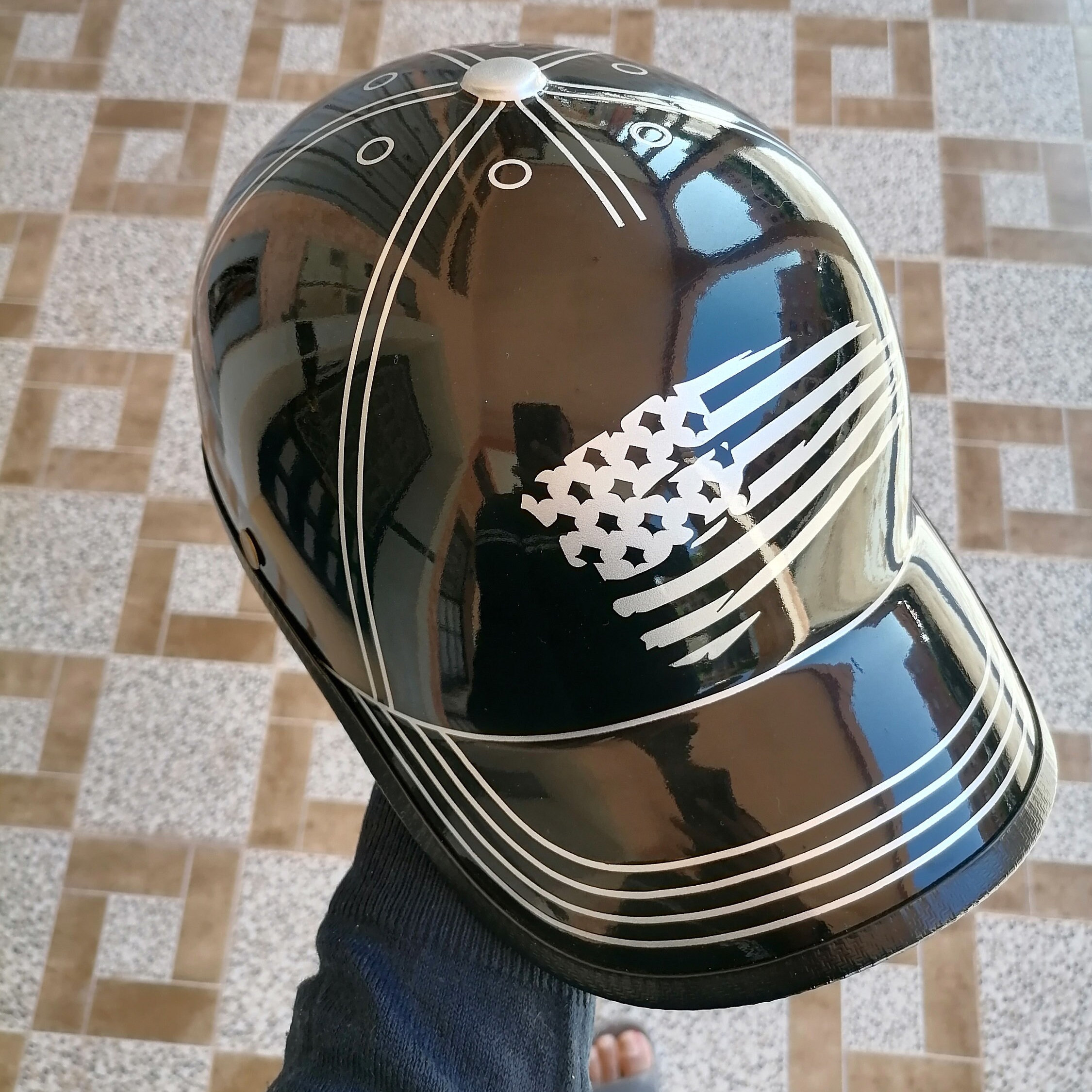 Handmade Fiberglass Motorcycle Cap Helmet: Black & Silver Lid Novelty ...