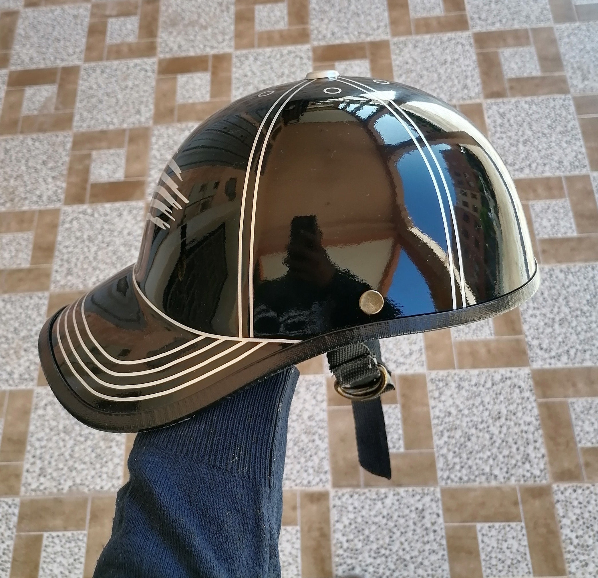 Handmade Fiberglass Motorcycle Cap Helmet: Black & Silver Lid Novelty ...