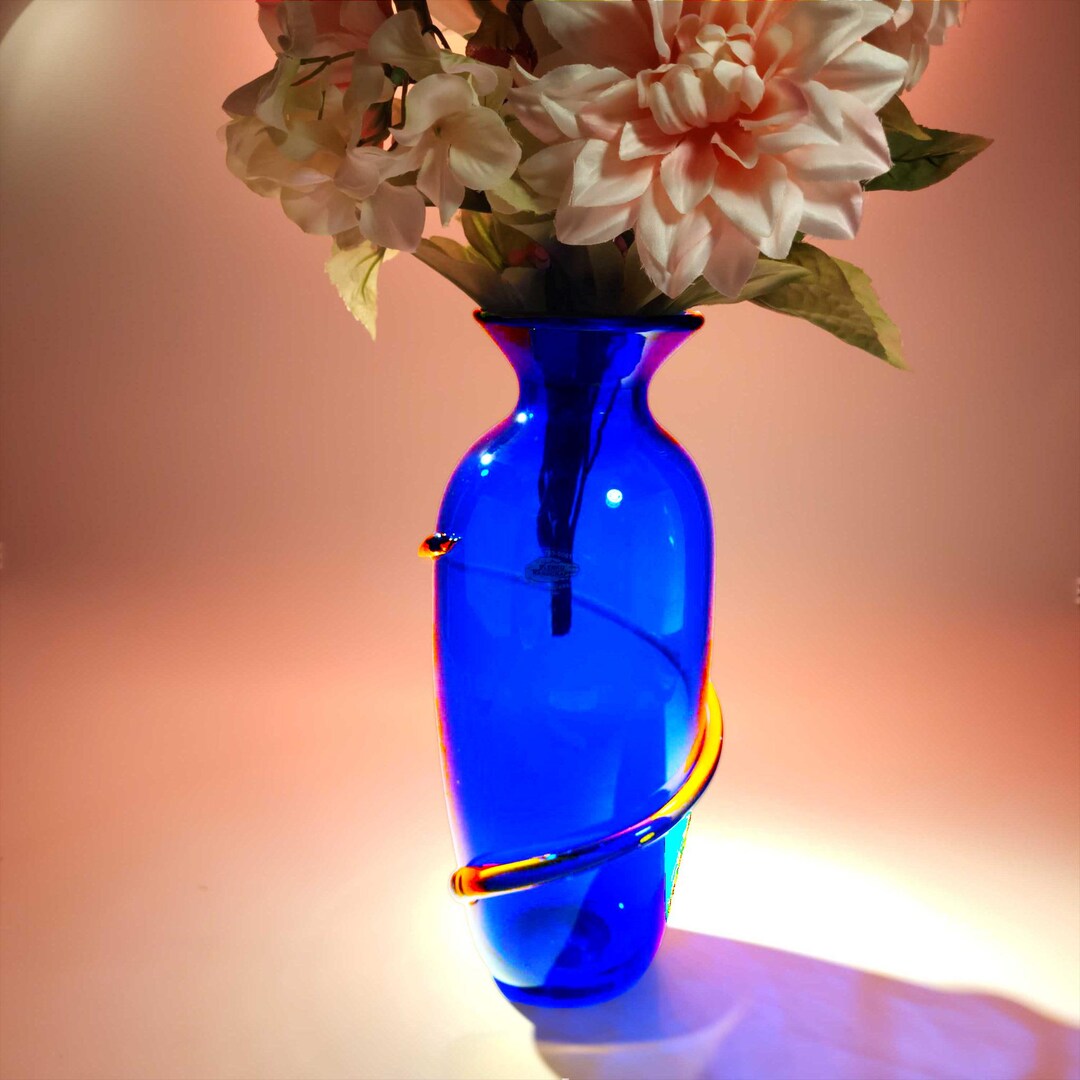 1990s-2000s Blenko Vase--deep Blue With Applied Yellow Swirl and ...