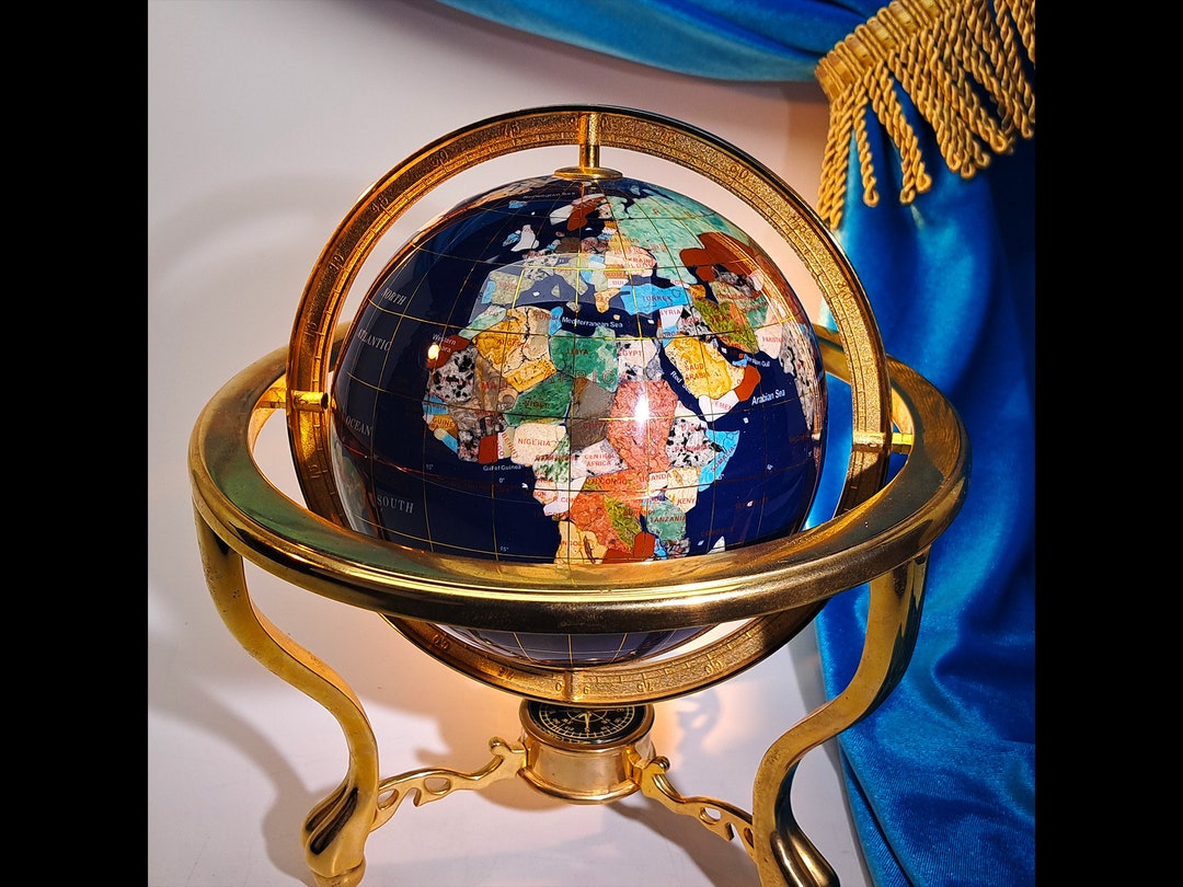 Small Blue Semi Precious Stone Globe Gold Colored Base - Etsy