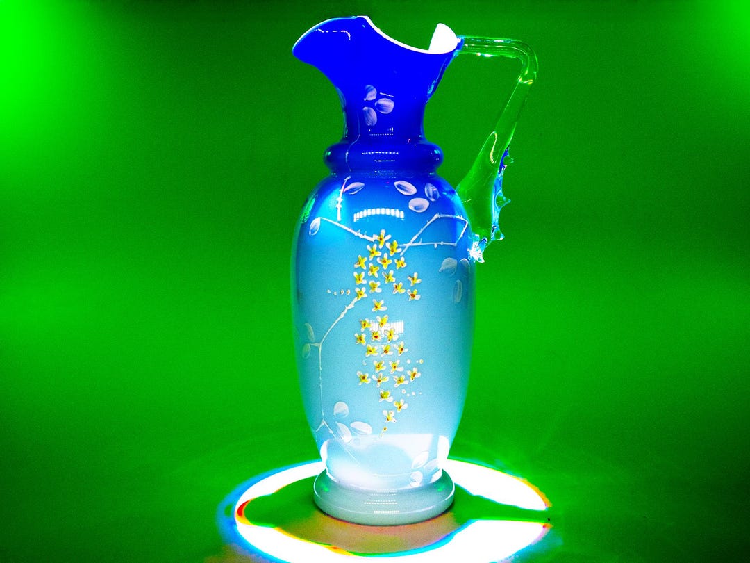 Lovely Victorian Era Blue Shaded Glass Pitcher With Thorn Handle, Cased ...