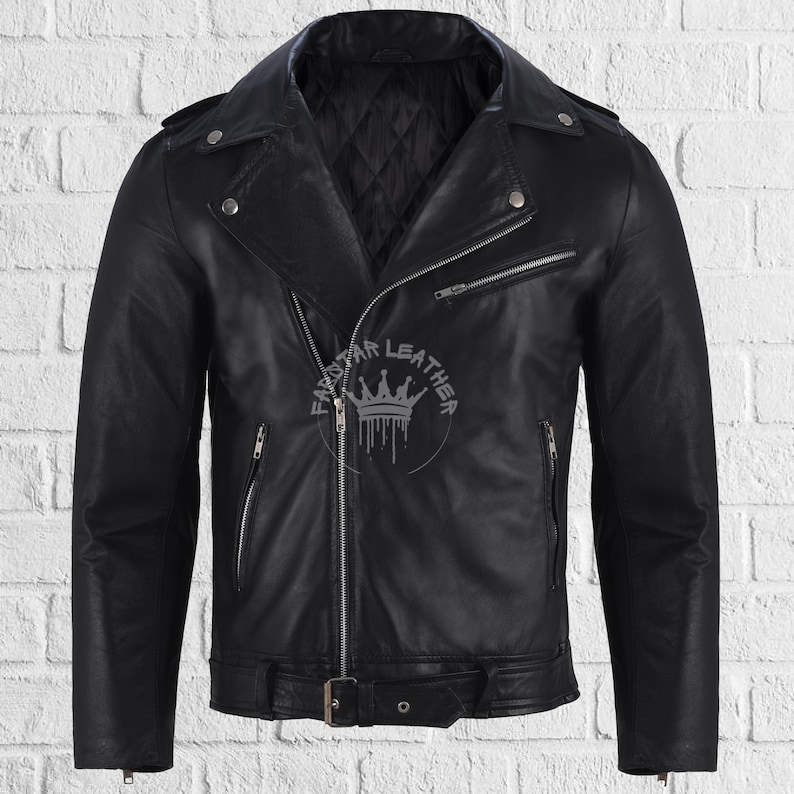 Mens Classic Moto Biker Black Biker Leather Jacket With Asymmetrical ...