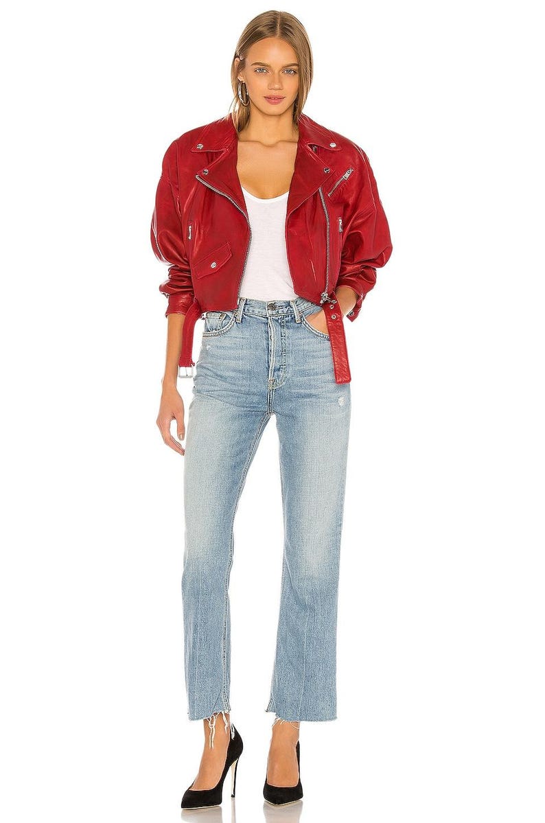 Custom Red Biker Leather Jacket Women Moto Cropped Fit Streetwear ...