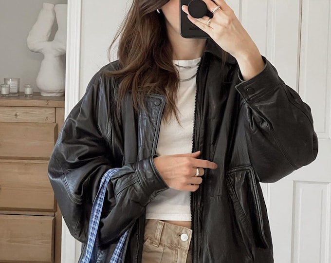 Vintage 80s Batwing Leather Bomber Jacket: Unisex Black Textured Coat ...