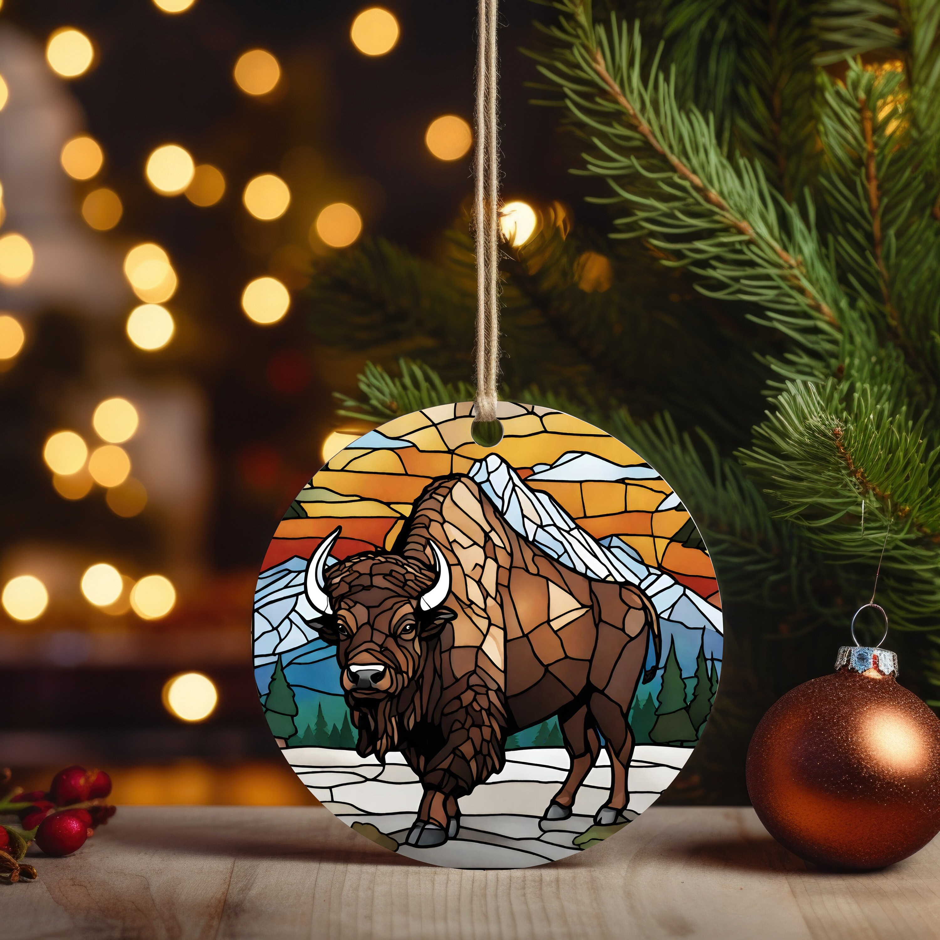 Beautiful Scenic Buffalo Image on Ceramic Merry Christmas Ornament ...