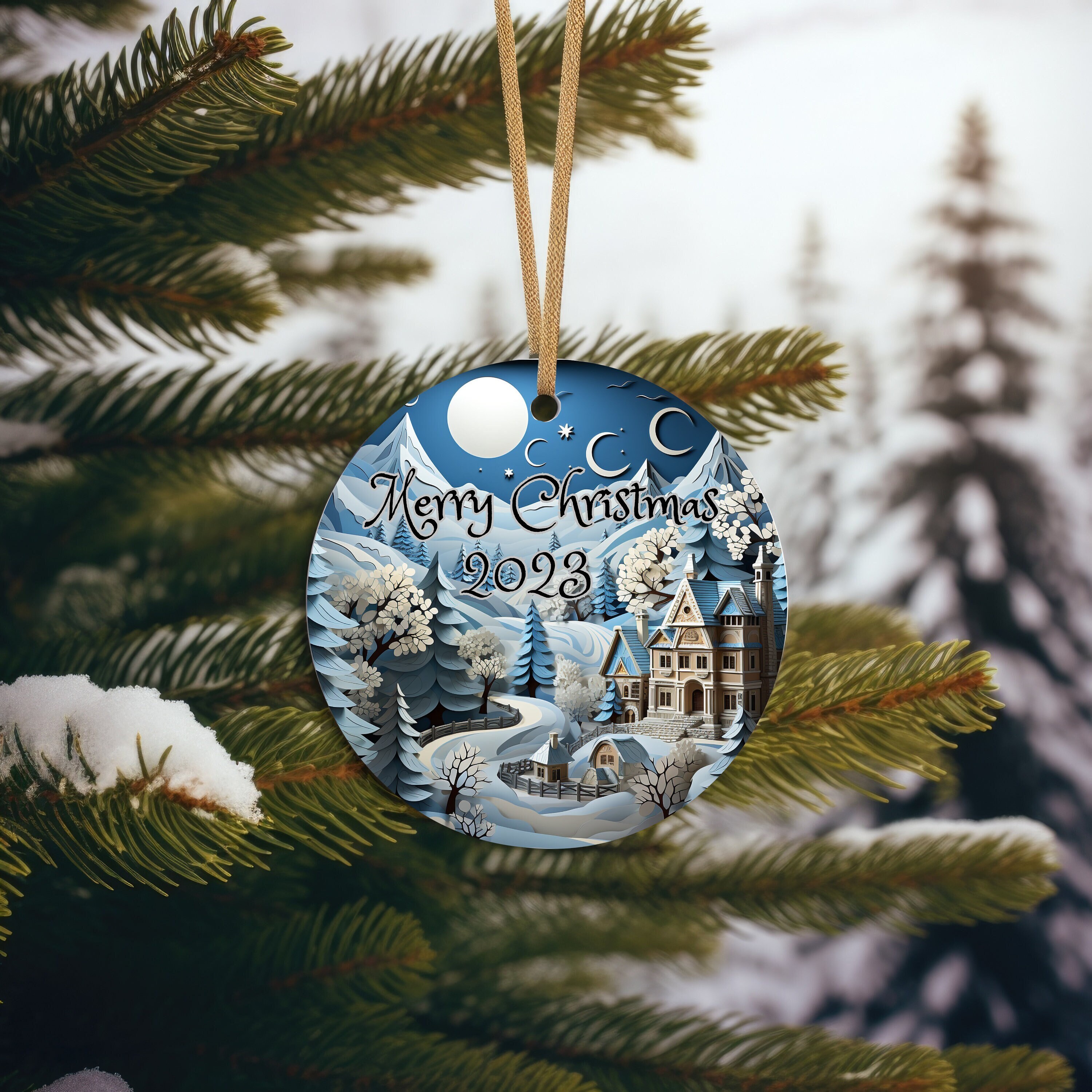 Winter Scenic 3D Layered Art, House Image on Ceramic Christmas Ornament ...