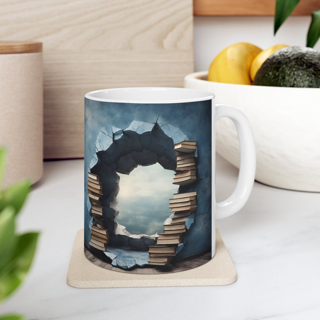 3D Effect Books & Sky, Faux Hole in Mug, Ceramic Mugs, Book Lovers ...