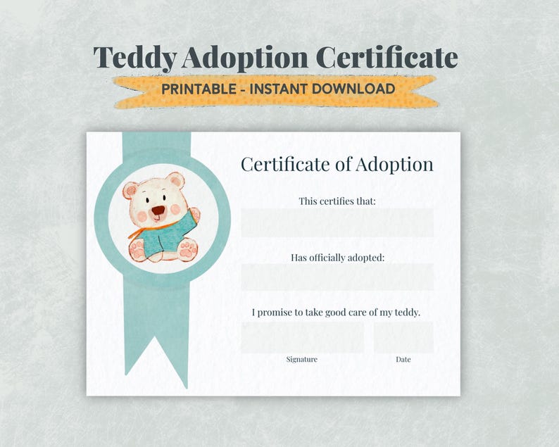Teddy Bear Adoption Certificate, Instant Download PDF, School Activity ...