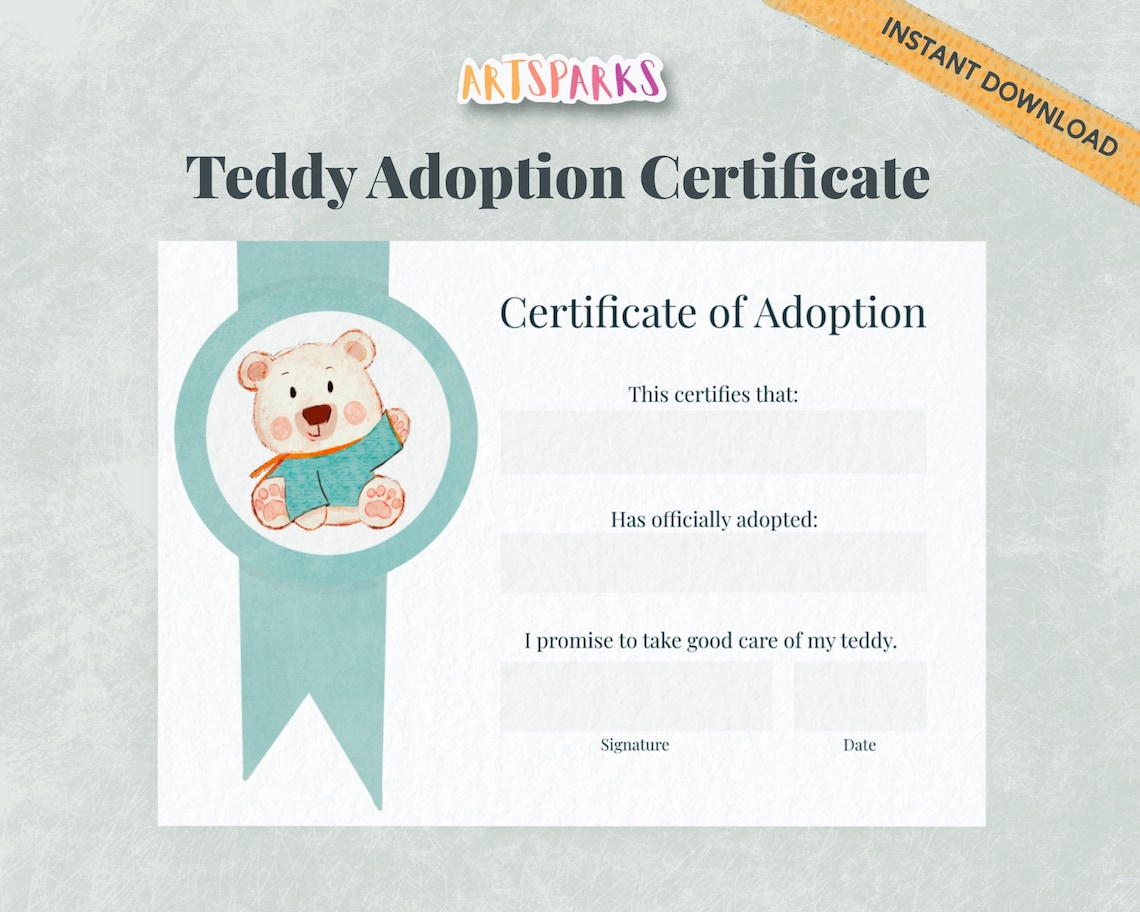 Teddy Bear Adoption Certificate, Instant Download PDF, School Activity ...