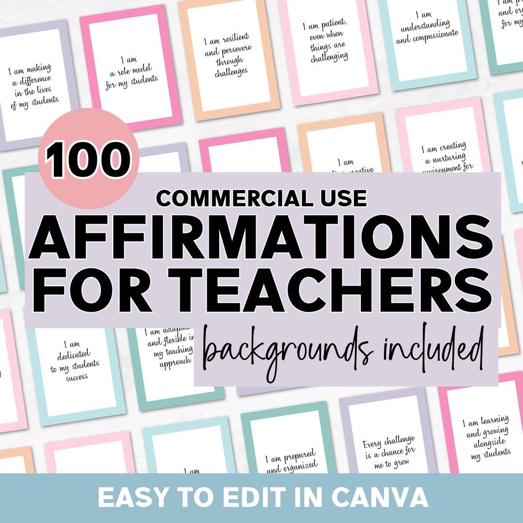 100 Affirmation Cards for Teachers Template, Teacher Affirmations PLR ...
