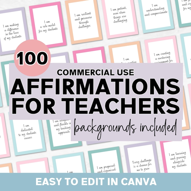 100 Affirmation Cards for Teachers Template, Teacher Affirmations PLR ...