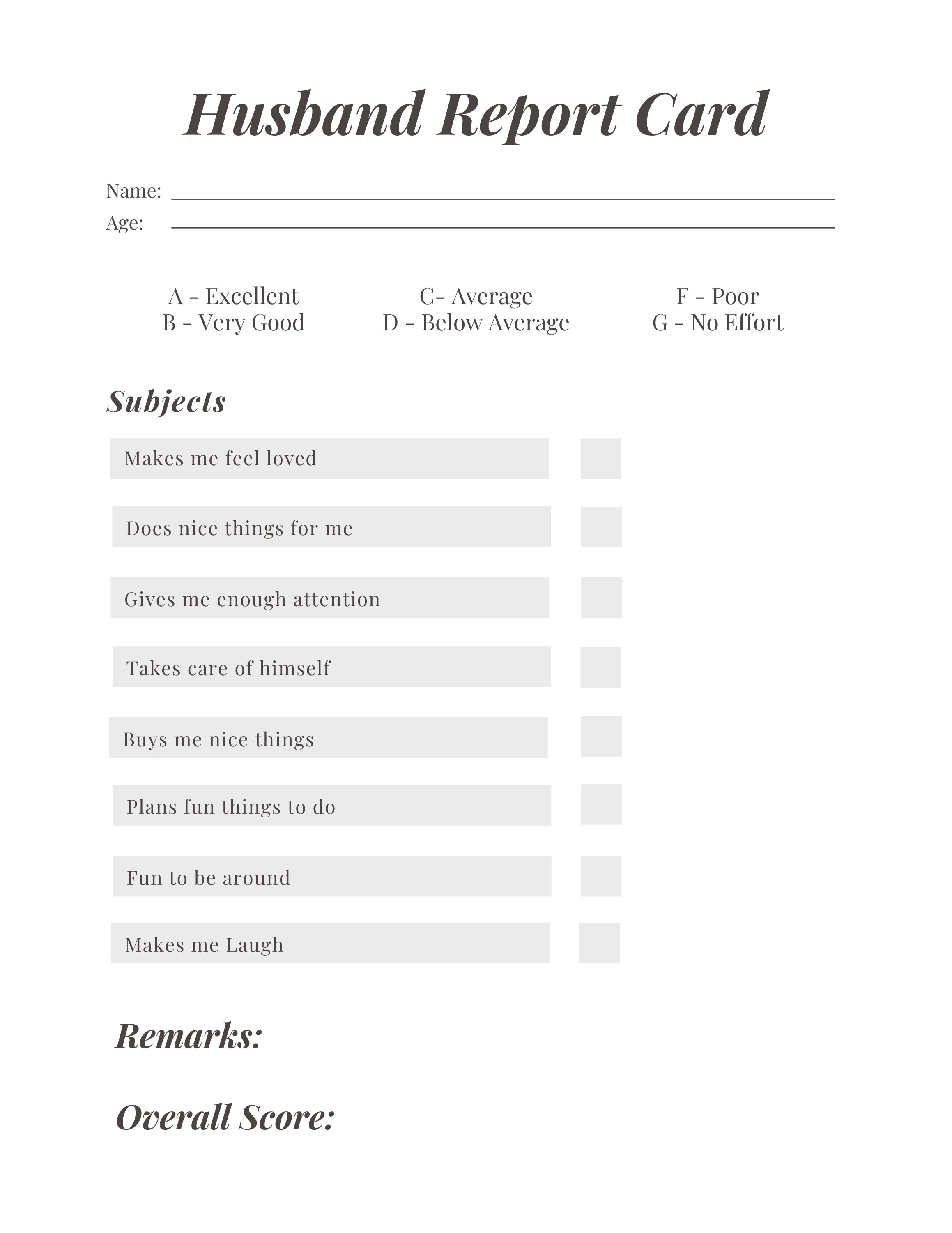 Husband Report Card Funny Feedback for Our Husbands Be Funny - Etsy