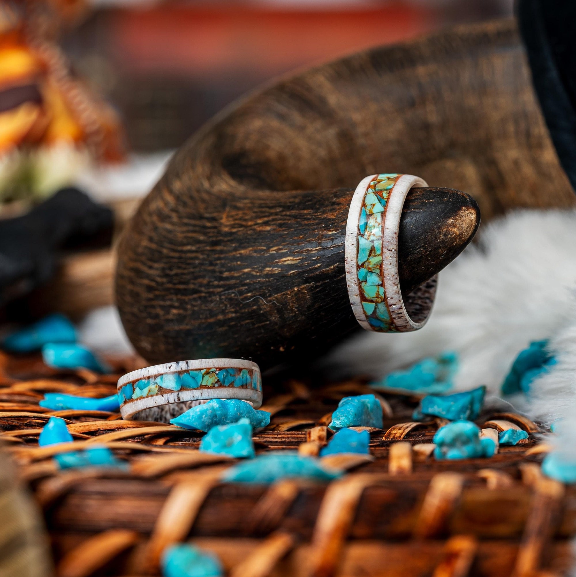 Deer Antler and Kingman Turquoise Inlay Ring With Aqua Glow Powder - Etsy