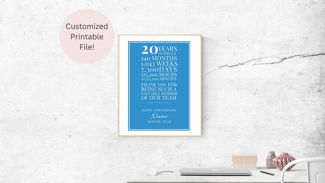 20 Year Work Anniversary Digital Download Poster Customized ...