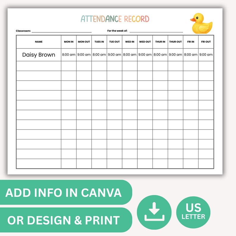 Editable Daycare Attendance Sign in Template, Child (parent) Sign in ...