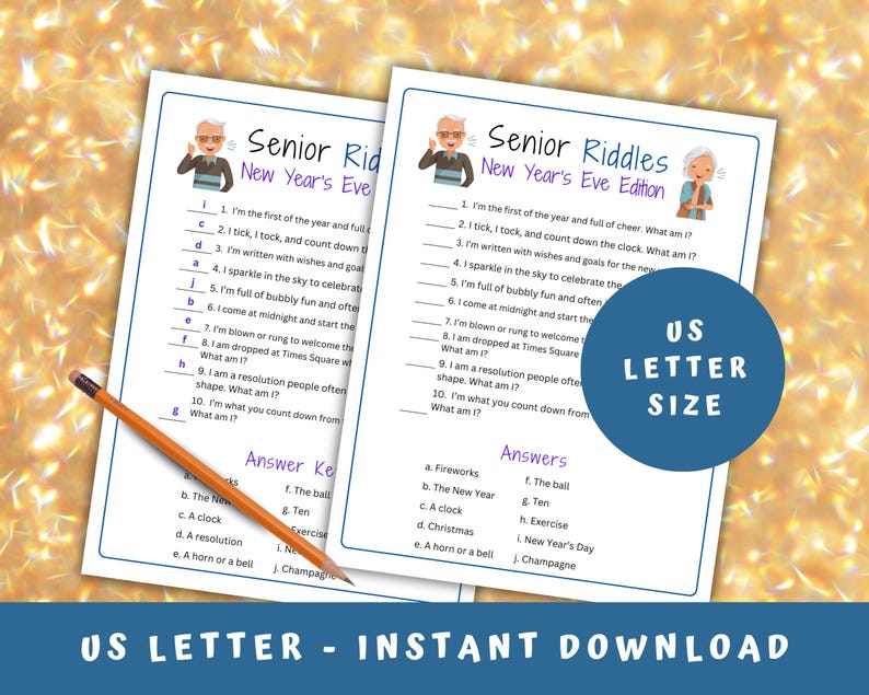 Printable New Year's Eve Senior Riddles Game, Senior Family Game Night ...