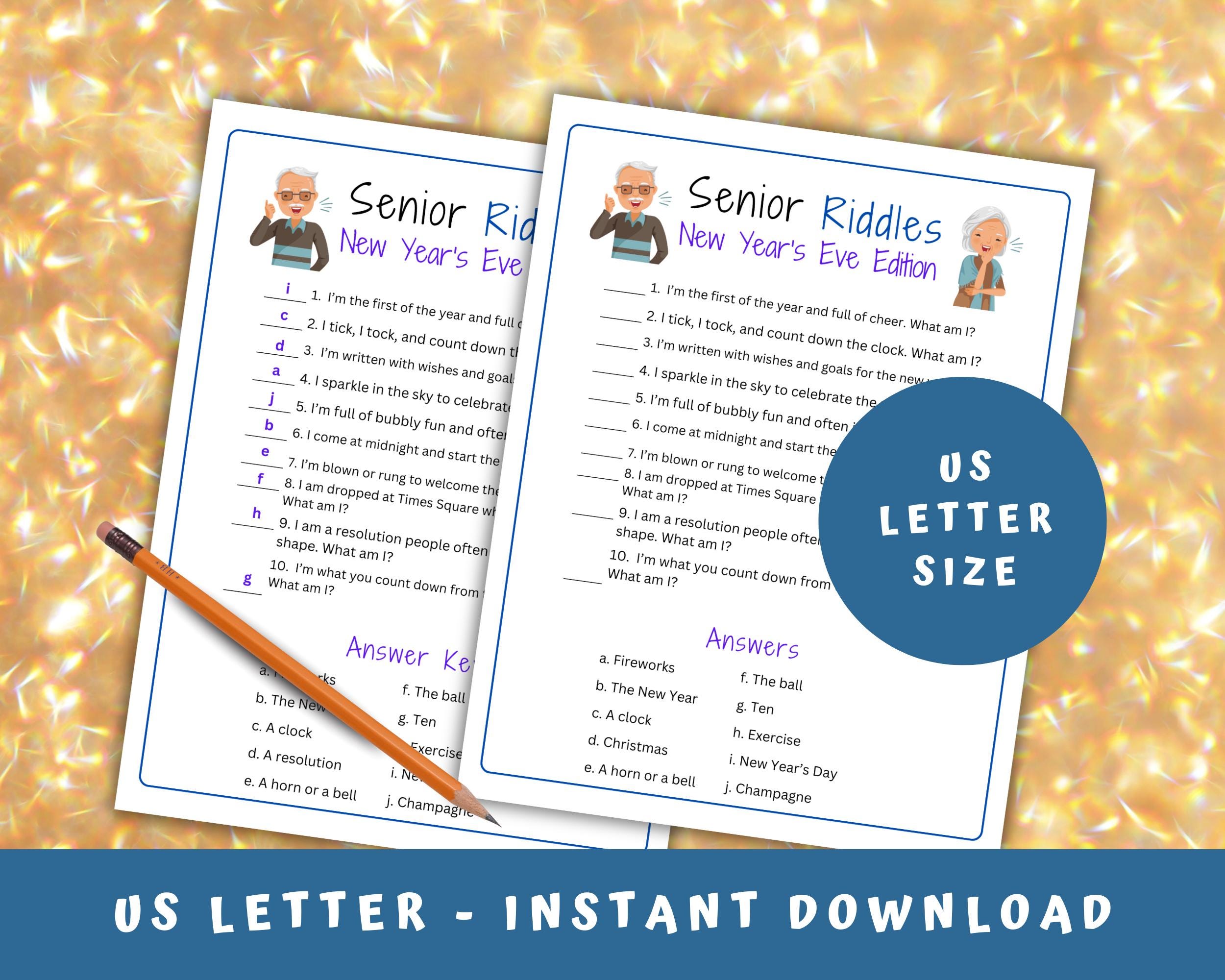 Printable New Year's Eve Senior Riddles Game, Senior Family Game Night ...