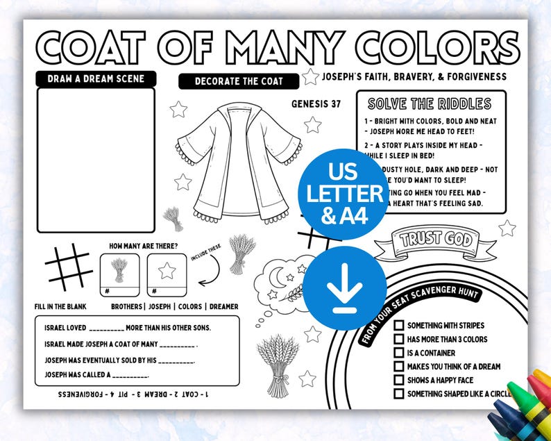 Joseph Coat Many Colors Activity Sheet, Sunday School Placemat, Kids ...