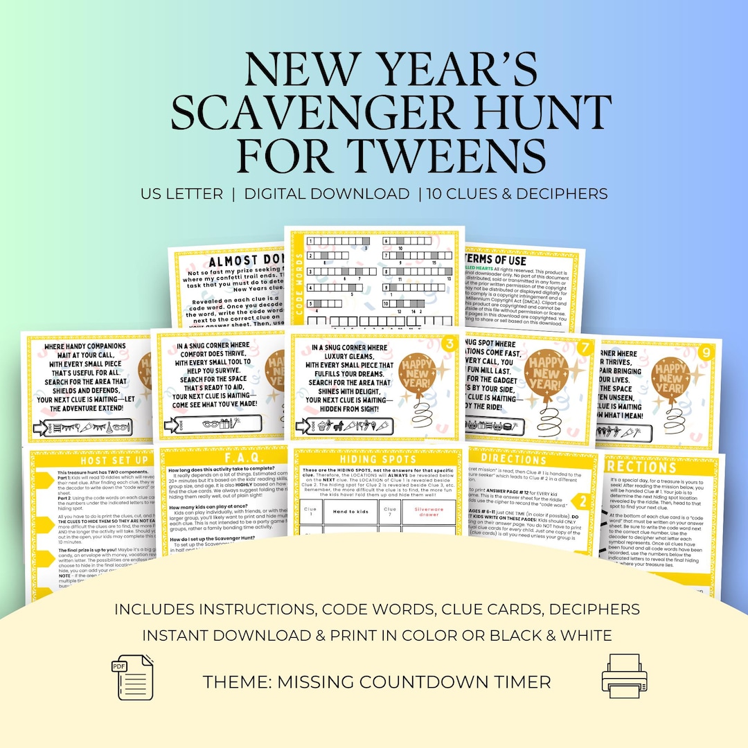 Indoor New Year's Scavenger Hunt, Tween Treasure Cards, Clues Riddles ...