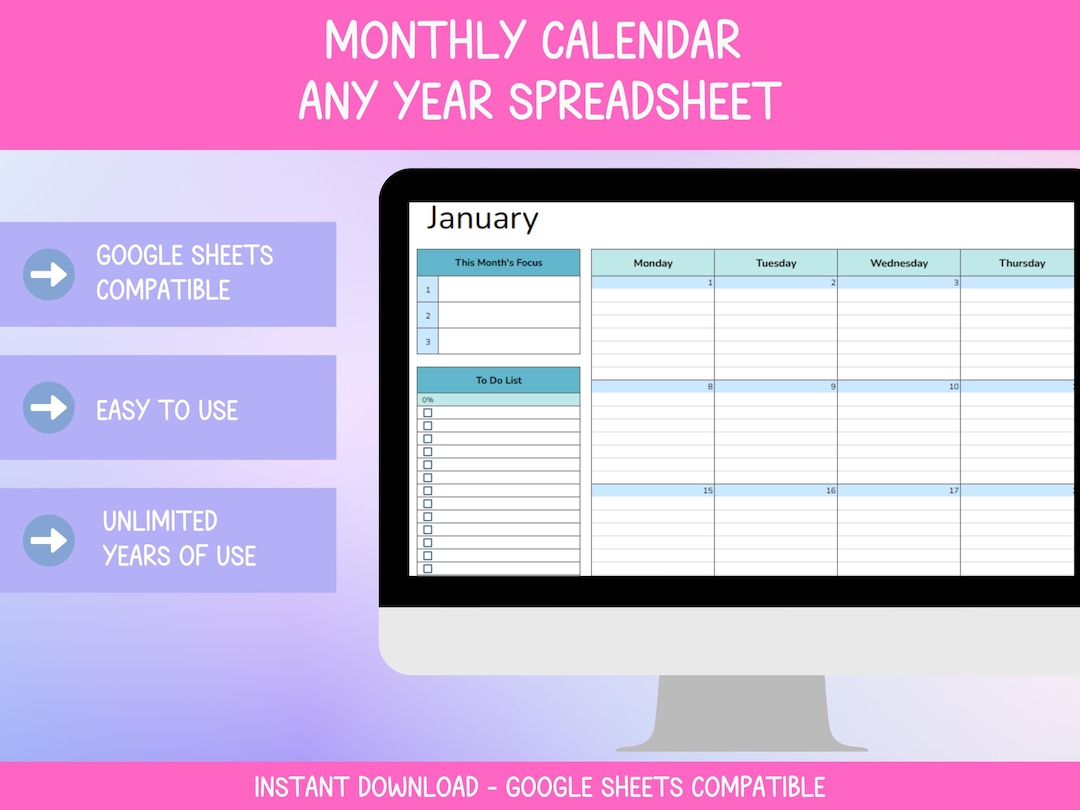 Minimal Perpetual Calendar Any Year Monthly Template, 2024 2025, Tasks ...