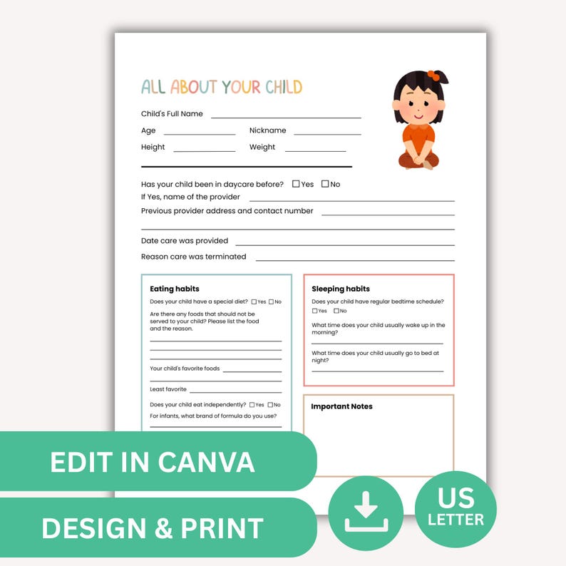 Editable Daycare Child Information Template, All About Me Sheet, Sunday ...