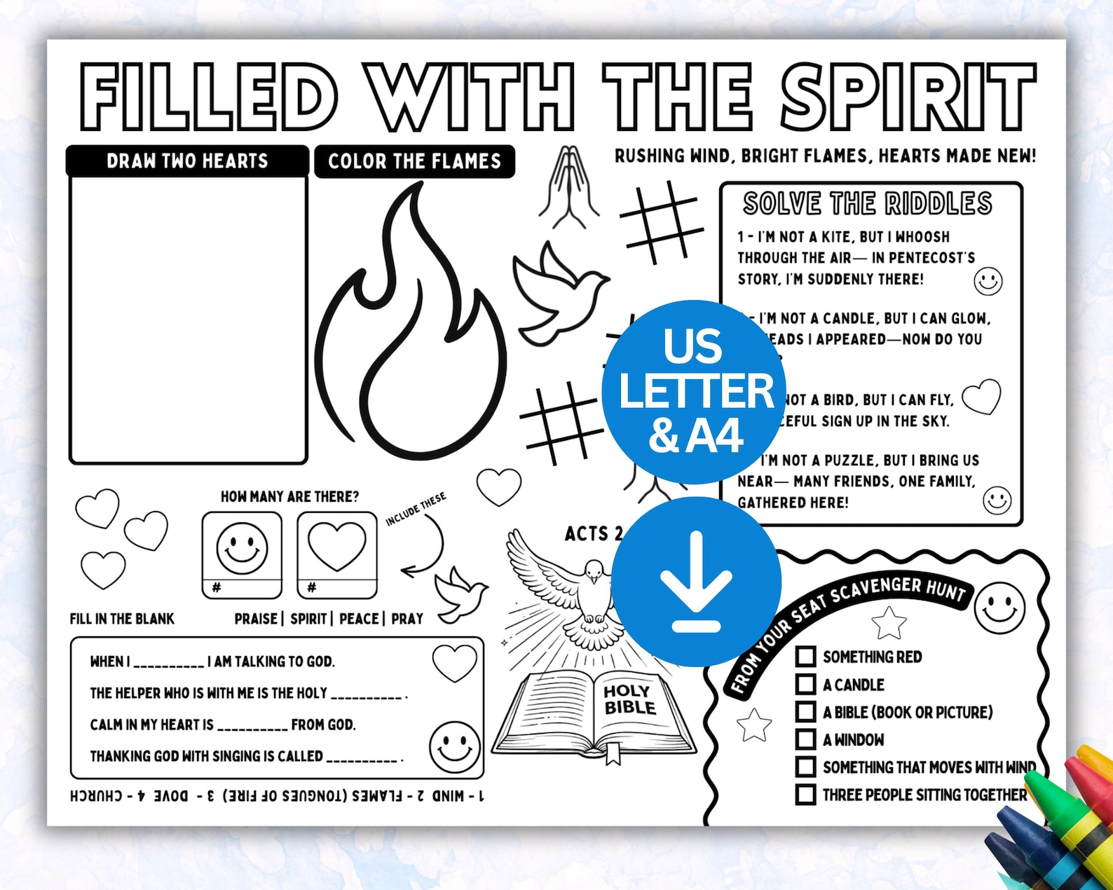 Pentecost Holy Spirit Activity Sheet, Sunday School Craft, Kids Bible ...